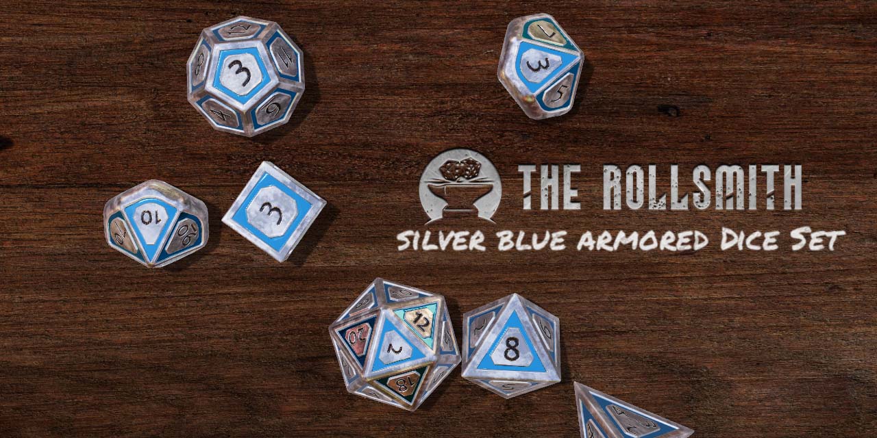 The Rollsmith - Silver Blue Armored Dice Set - Foundry Hub